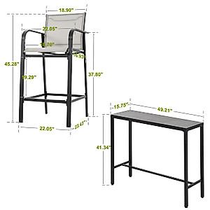 NUU GARDEN 3 Piece Outdoor Bar Set, 2 Textilene High Bar Stools and 1 Patio Bar Table, All-Weather Powder-Coated Frame, Ergonomic Back with Curved Armrests, for Patio, Deck, Garden, Black and Gray