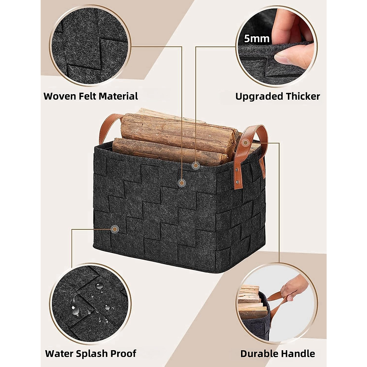 GIB Large Woven Felt Storage Baskets with Handles, 16"x11.8"x11.5" Fabric Wicker Storage Baskets Foldable Collapsible Storage Bins for Blankets Toys Clothes Shoes, Black/Dark Grey, 2 Pack