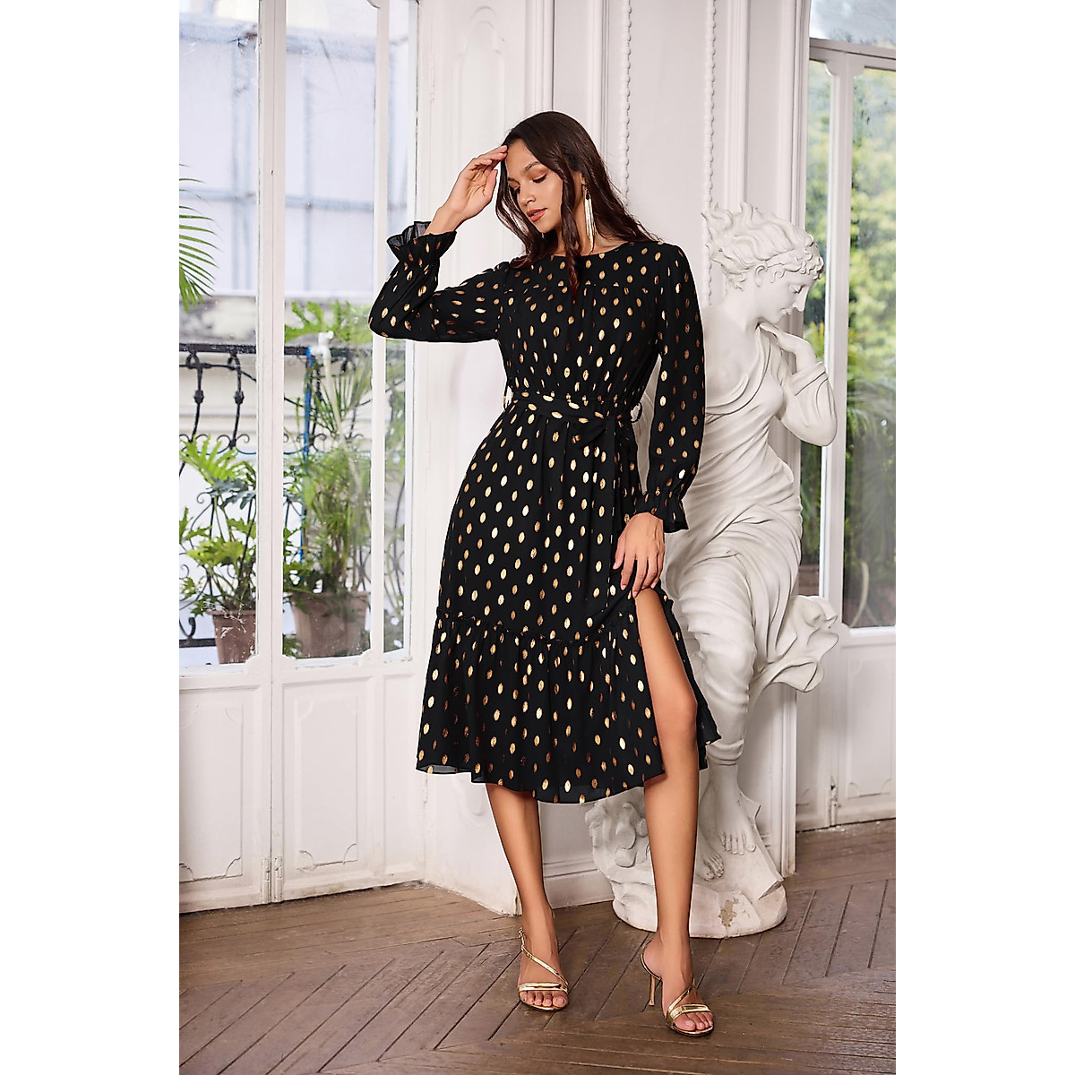 GRACE KARIN Long Sleeve Dress for Women Gold Polka Dot Round Neck Ruffle Tiered A-Line Cocktail Midi Dresses with Slit Black S