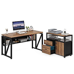 Tribesigns L Shaped Desk with Drawer Cabinet, 55" Executive Computer Desk and lateral File Cabinet, 2 Piece Home Office Furniture with Drawers for Hanging File, Doors with Locks (Dark Walnut+Black)