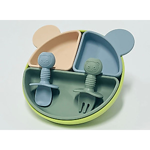 MIX COLOR SILICON BABY FEEDING SET, BABY EATING SUPPLIES, BABY LED WEANING SUPPLIES (Blue Beige Green)