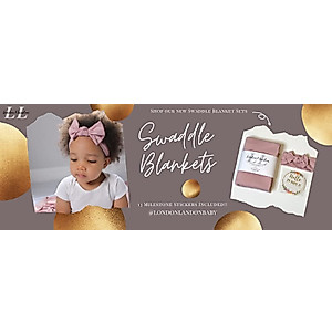 Baby Swaddle Blanket Set with Headband, Nursery Swaddling Receiving Wrap for Girls,13 Welcome Home Milestone Stickers Bundle with Bow, Newborn Photo Growth Mat, Infant Wrap 48"x48" Dusty Rose (Mauve)