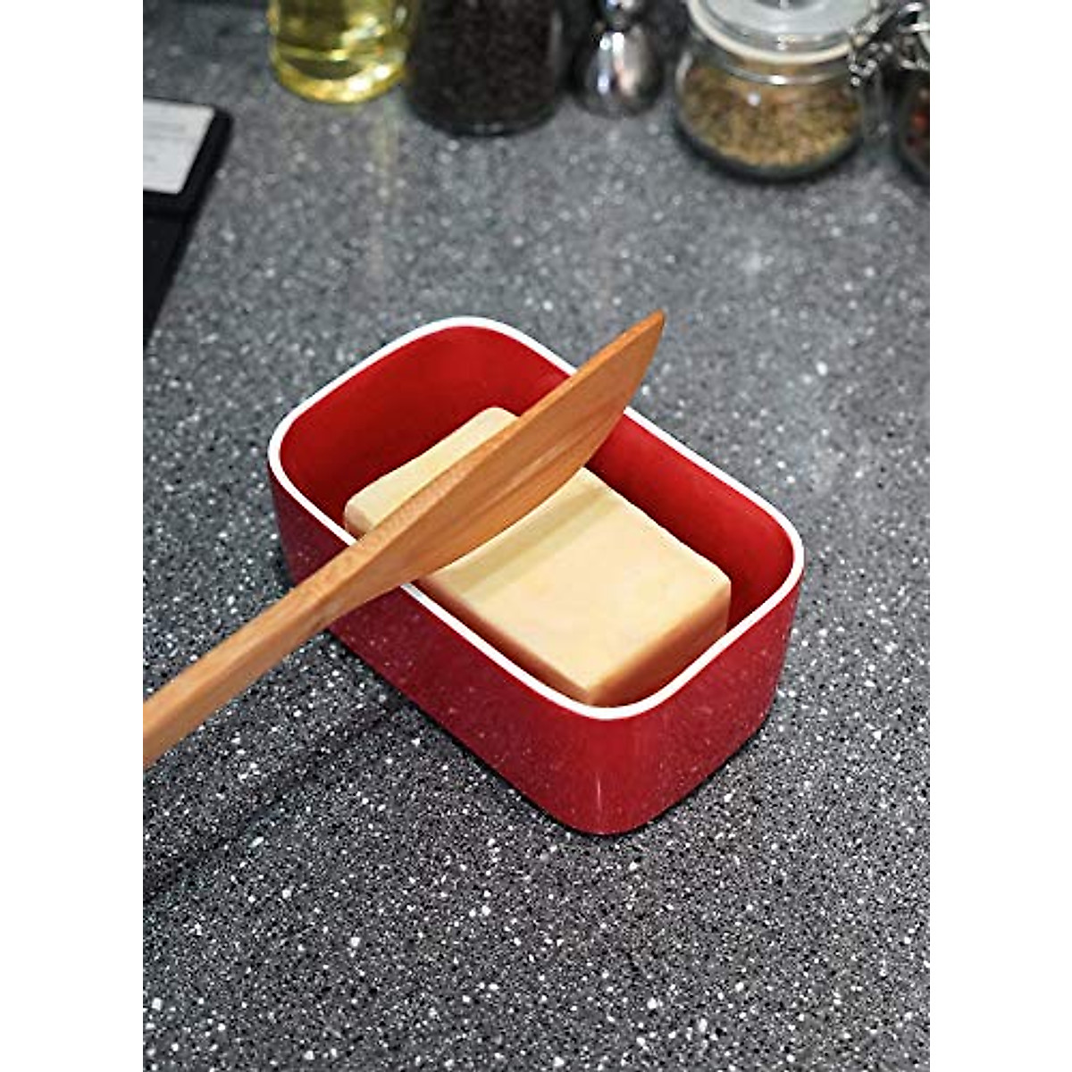 Sweese 324.104 Large Butter Dish with Knife - Airtight Butter Keeper Holds Up to 2 Sticks of Butter - Porcelain Container with Beech Wooden Lid, Red