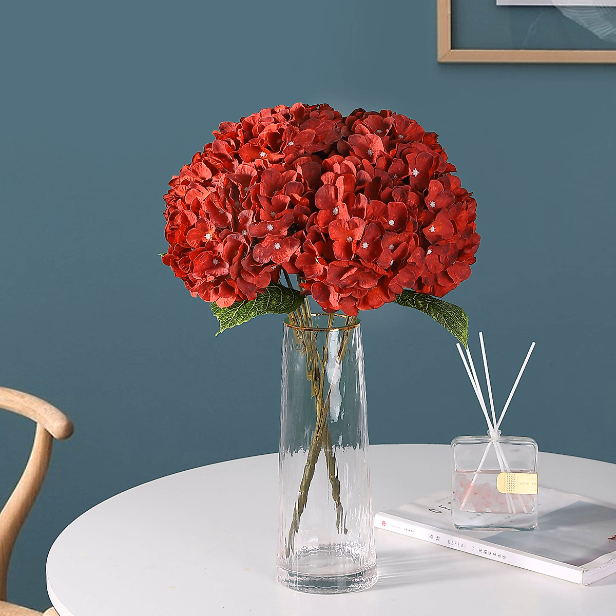 Louiesya Artificial Flowers Silk Hydrangea Flowers with 5 Big Heads Fake Flower Bunch Bouquet for Home Wedding Party Decor DIY (Dark Red, 5 Flower Heads)