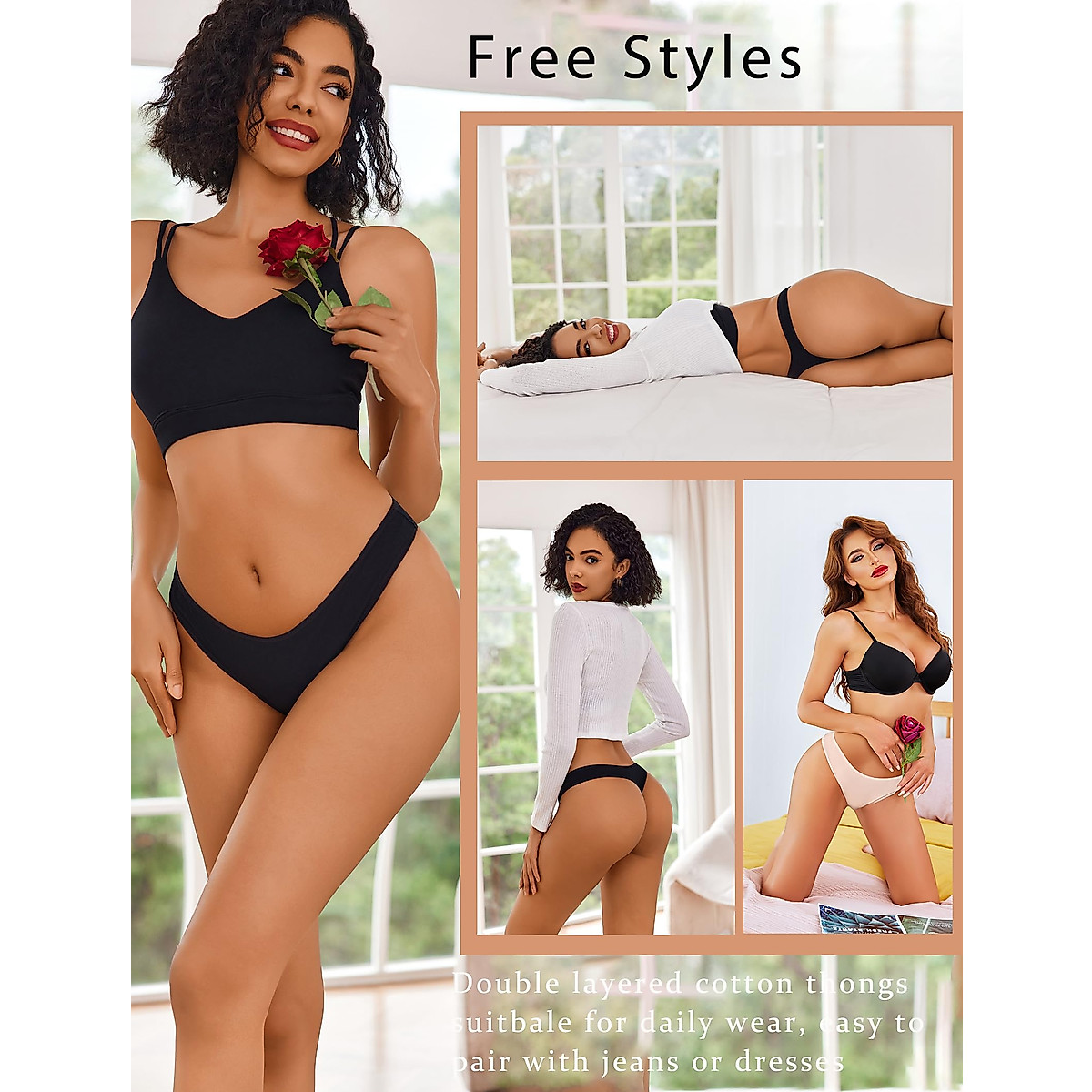 Ekouaer Thong Underwear Women Invisible Underpants No Show Seamless G-String Cotton Thongs 6 Pack Black XL Underwear