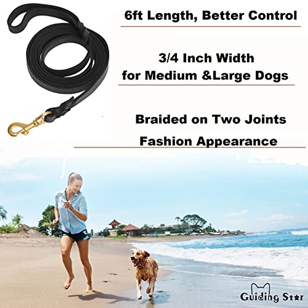 Guiding Star Black Leather Dog Leash 6ft, Soft Durable Genuine Handmade Braided Leather Dog Lead, Heavy Duty Strong Dog Training Walking Dog Leash Leather for Large & Medium Dogs
