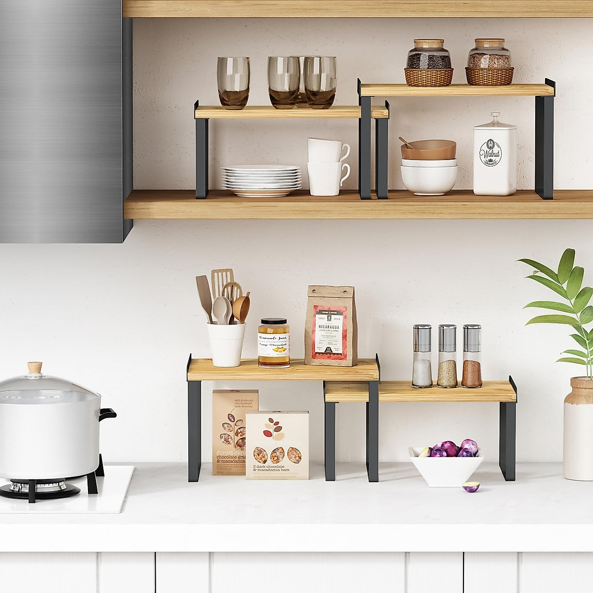 Goozii Kitchen Cabinet Organizer Shelves Set of 4, Expandable Counter Shelf Rack for Plate Dish Cup Mug Spice, Stackable Shelf Riser for Pantry Cupboard Desk Top Corner Storage (Bamboo, Black)