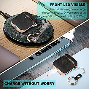 iHillon Compatible with Airpods 2 Case Cover, Genuine Leather TPU Full Protective Case with Keychain Compatible with Airpods 2 & 1 Support Wireless/Wired Charging (Front LED Visible) Black