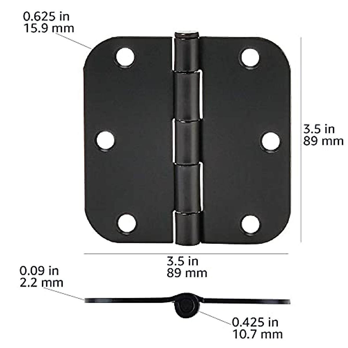 Amazon Basics Rounded 3.5 Inch x 3.5 Inch Door Hinges, 18 Pack, Matte Black