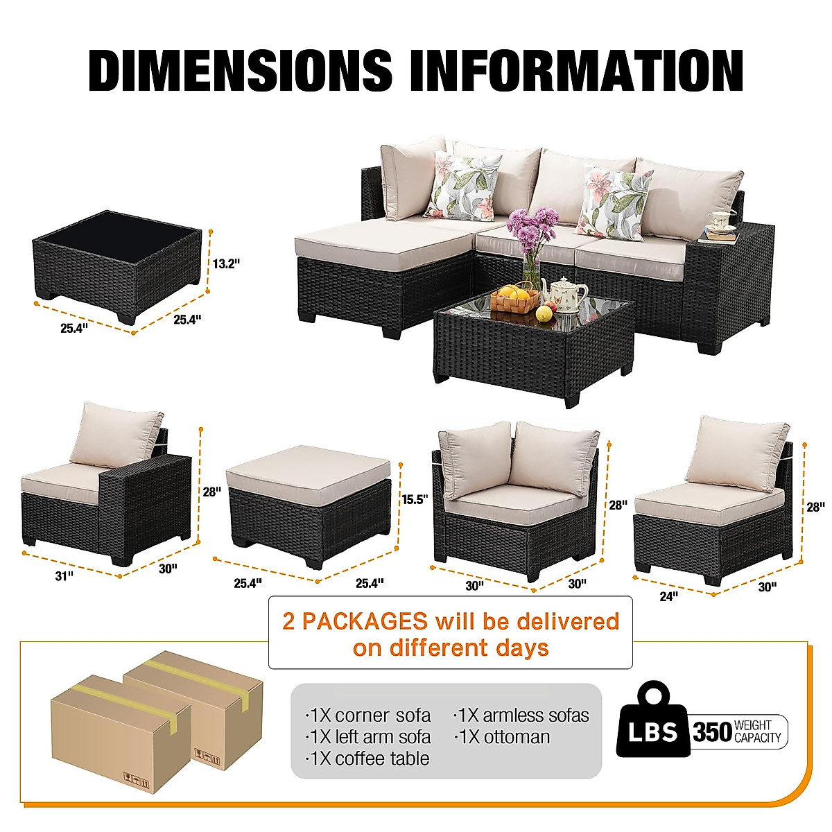 JOYURE 5 Pieces Patio Furniture Set All-Weather Outdoor Wicker Sectional Conversation Sofa Rattan Patio Seating Sofa with Cushion and Glass Table and Ottoman for Porch,Beige