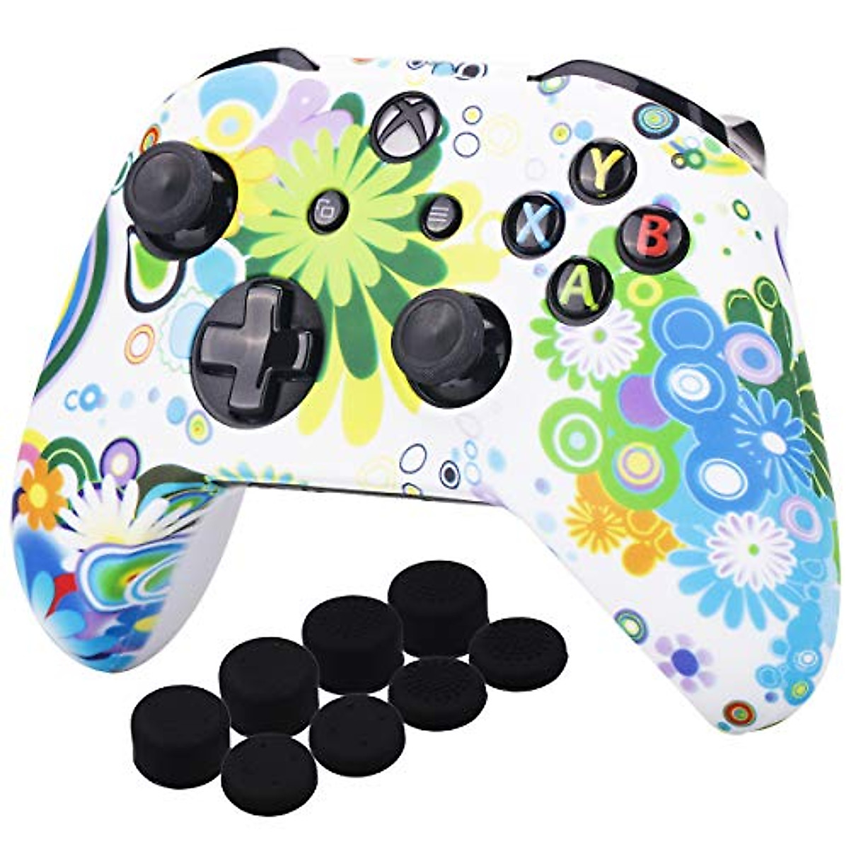 YoRHa Printing Rubber Silicone Cover Skin Case for Xbox One S/X Controller x 1(Circle) with PRO Thumb Grips x 8