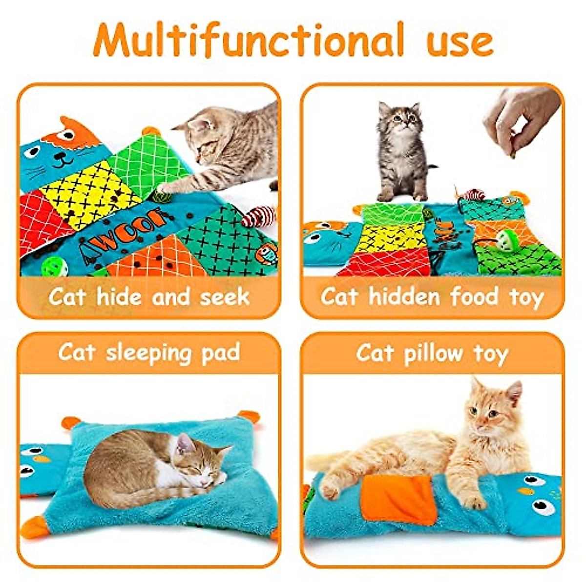 AWOOF Cat Mat, Cute Soft Catnip Mat, Cat Activity Mat Machine Washable Catnip Toys Interactive Cat Toys for Indoor Cats, Self-Warming Crinkle Mat Cat Blanket for Small Medium Large Cats with 7 Pockets