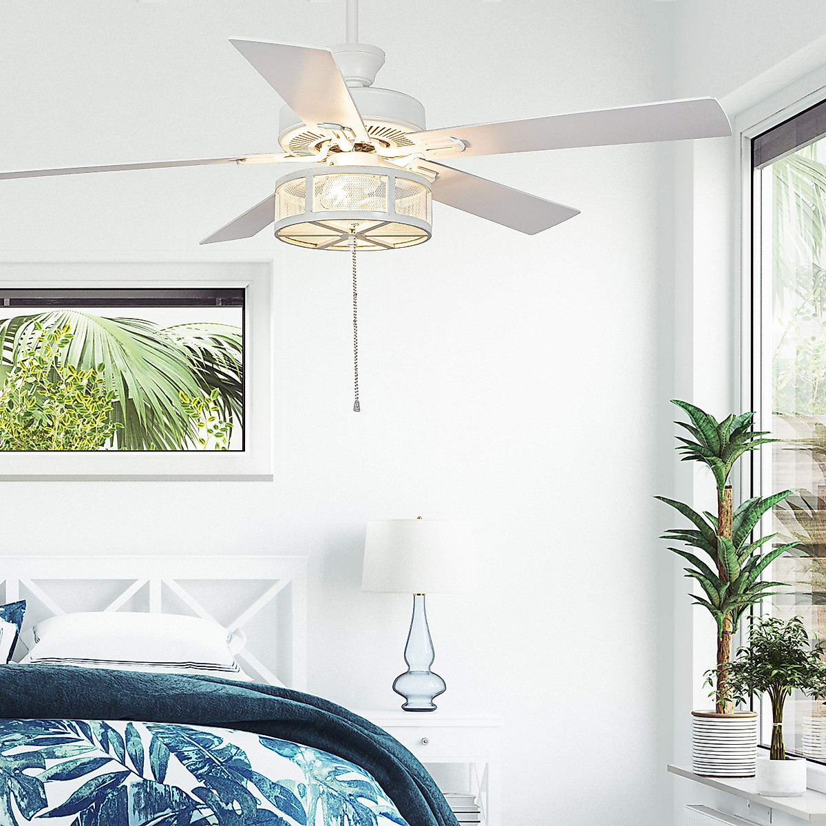 RIVER OF GOODS Alabaster LED Mesh Caged Ceiling Fan - 52" L X 52" W - White/Oak Wood-Grain Blades
