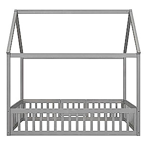 Eafurn Full Size House Bed with Fence Railings and Small Door, Solid Wooden Floor Platform Bed with Roof Design, Playhouse Bed Frame Easy Assemble for Kids, Teens, Girls, Boys