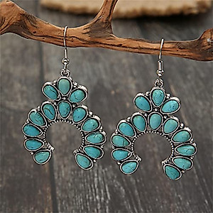 Bohemian Vintage Turquoise Oval Flower Ethnic Drop Dangle Earrings for Women Boho Exaggerated Retro Geometric Turquoise Teardrop Earrings Cowgirl Cowboy Jewelry Gift (D)