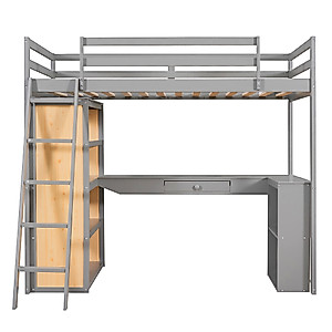 Bellemave Twin Loft Bed with Desk and 6 Storage Shelves, Wood Loft Beds Frame with Bookcase and Writing Board, Modern High Loft Bed for Kids Boys Girls Teens, Twin Size, Gray