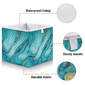 xigua Turquoise Marble Rectangle Storage Bin Large Collapsible Storage Basket Toys Clothes Organizer Box for Shelf Closet Bedroom Home Office, 15.8 x 10.6 x 7 Inch