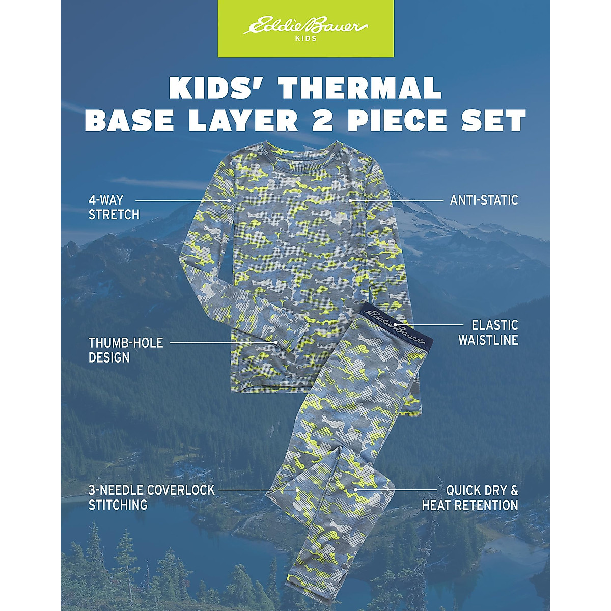 Eddie Bauer Thermal Underwear For Kids - 2 Piece Performance Base Layer Underwear Set For Boys and Girls (5-16), Size 7-8, Lime Green