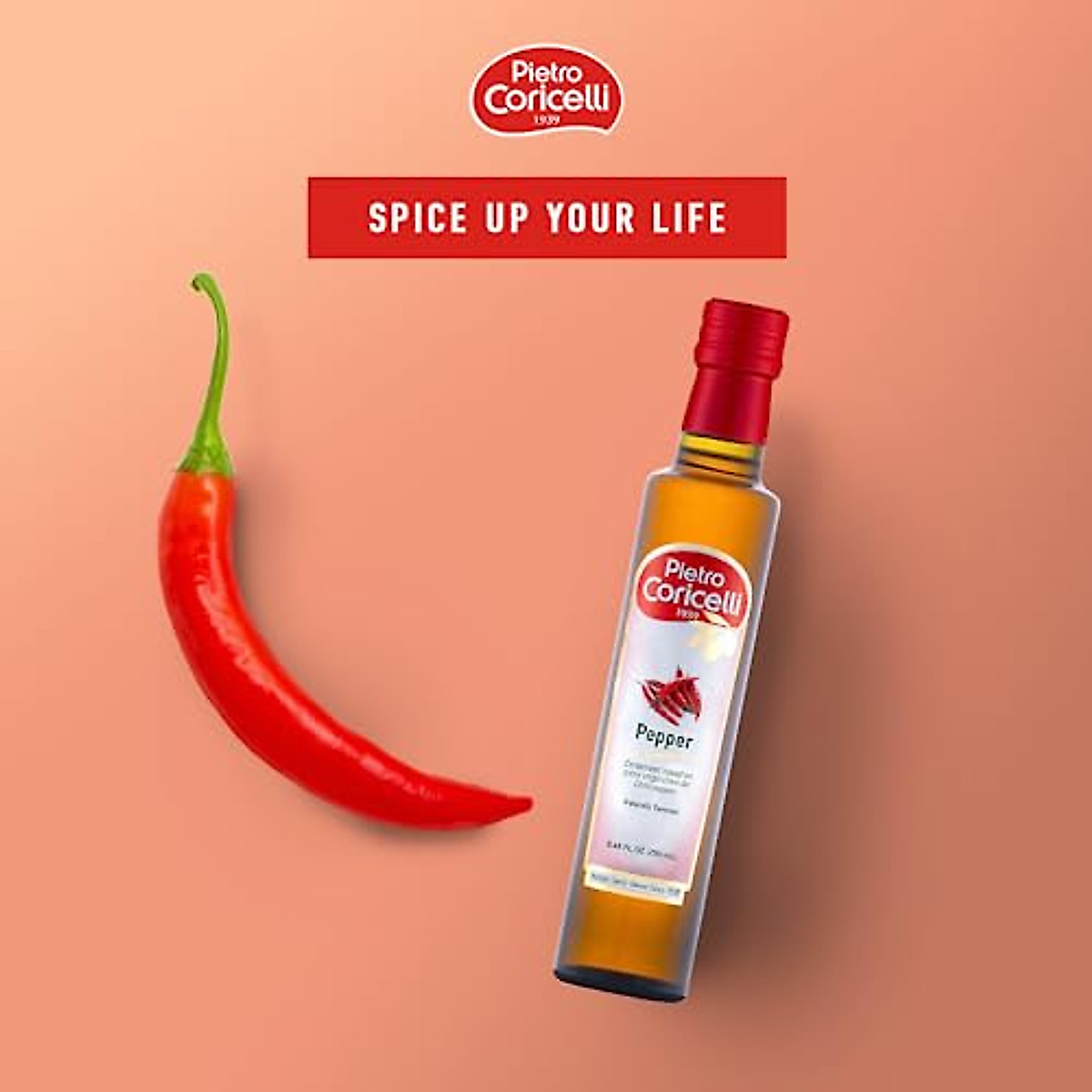 PIETRO CORICELLI: Natural Red Pepper Flavored Extra Virgin Olive Oil (EVOO) | Cold Pressed | Condiment of Mediterranean Cuisine | Add Rich Flavor to your Gourmet Dishes (250ML 8.45 FL OZ)