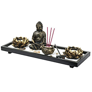 Mini Zen Garden Buddha Statue Incense Sticks Burner Holder with Glass Tealight Candle (Zen-38x15x12cm)