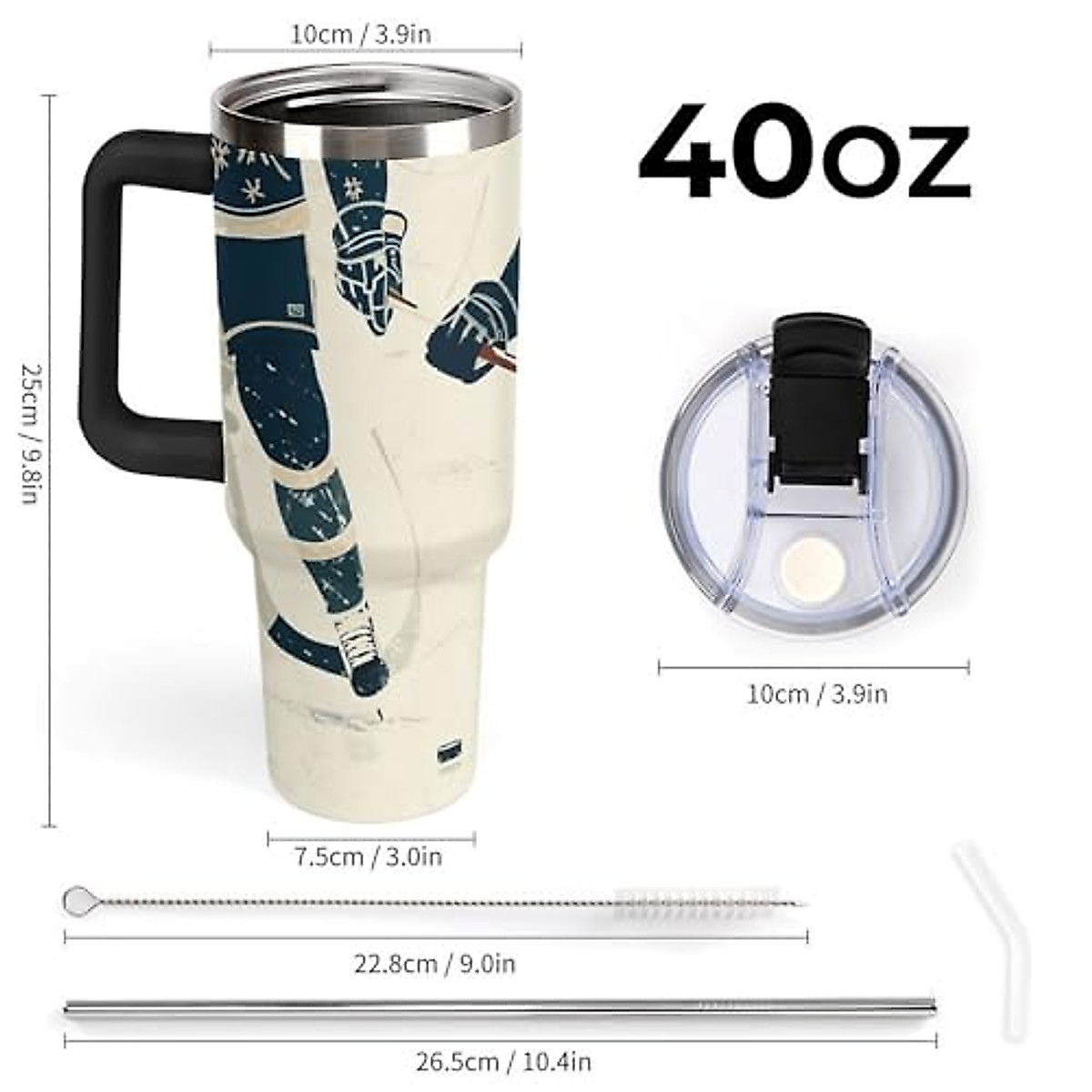 LLUTSNTH 40 Oz Vacuum Tumbler with Black Handle Leakproof Insulated Tumbler Ice Hockey Pattern Stainless Steel Travel Mug with Lid And Straw Coffee Cup Cute Water Bottles Cup Holder Friendly