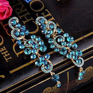 BriLove Wedding Bridal Statement Earrings for Women Bohemian Boho Crystal Floral Hollow Chandelier Dangle Earrings Blue Topaz Color Gold-Toned