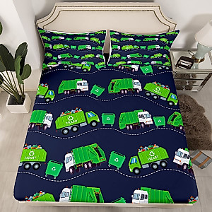 Garbage Trucks Fitted Sheet Twin Size Kids Cartoon Car Bedding Set for Boys Teens Rubbish Car Bed Sheet Set Breathable Vehicles Blue Green Bed Cover Room Decor