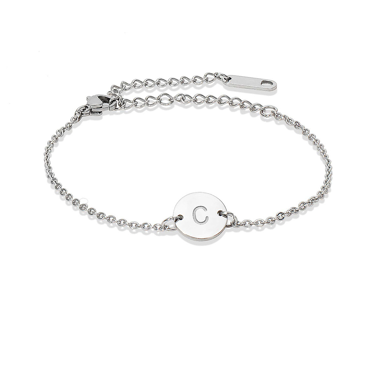 Stainless Steel Initial Bracelet - Delicate Coin Letter C - Dainty Small Disc Name - Personalized Monogram Charm Bracelet for Women