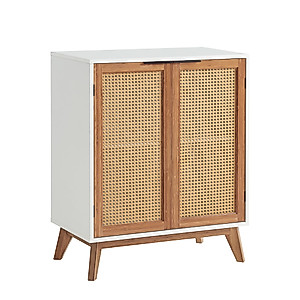 EFURDEN Sideboard Buffet, Kitchen Storage Cabinet with Rattan Decorated Doors, Accent Cabinet with Solid Bamboo Feet, Waterproof Tabletop and Large Storage Space-White