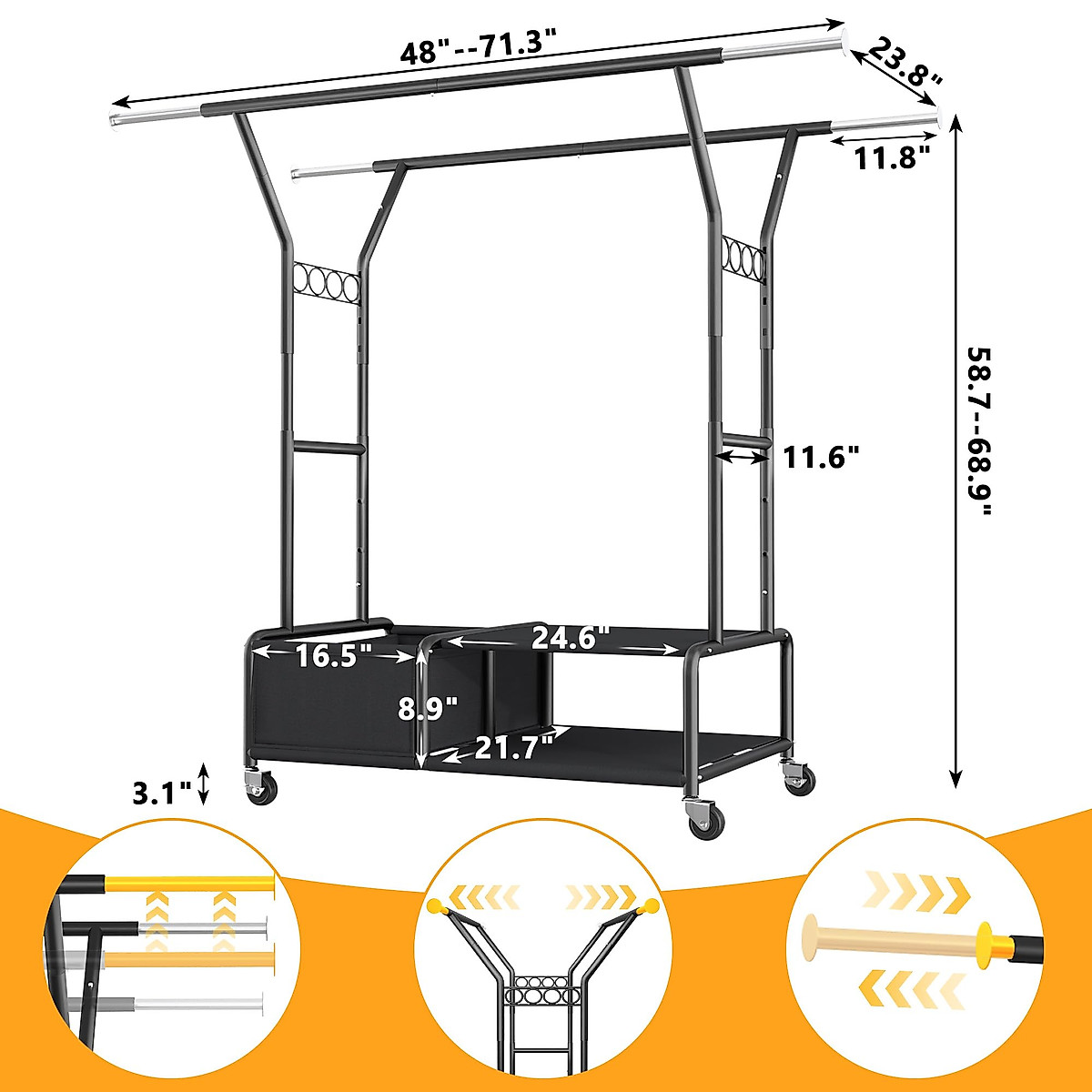 Raybee Clothes Racks for Hanging Clothes with Shelves, Adjustable Clothing Rack with Lockable Wheels, Multi-Functional Closet Rack For Bedroom, Heavy Duty Garment Racks for Hanging 220+ Clothes