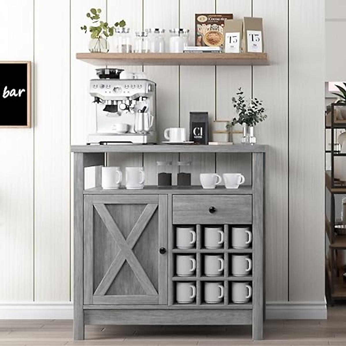 Farmhouse Coffee Bar Cabinet, 32'' Modern Kitchen Buffet Cabinet with Drawer, Coffee Station with Barn Door, 9 Wine Racks, Small Bar Cabinet with Shelf for Dining Room, Wash Gray