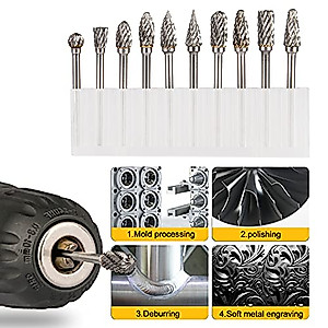 HOMEIDOL Carbide Burr Set Die Grinder Bits Rotary Tool Bits 1/8" Shank 10 PC Double Cut Wood Carving Accessories Cutting Burrs Metal Grinding Engraving Polishing Porting Trimming