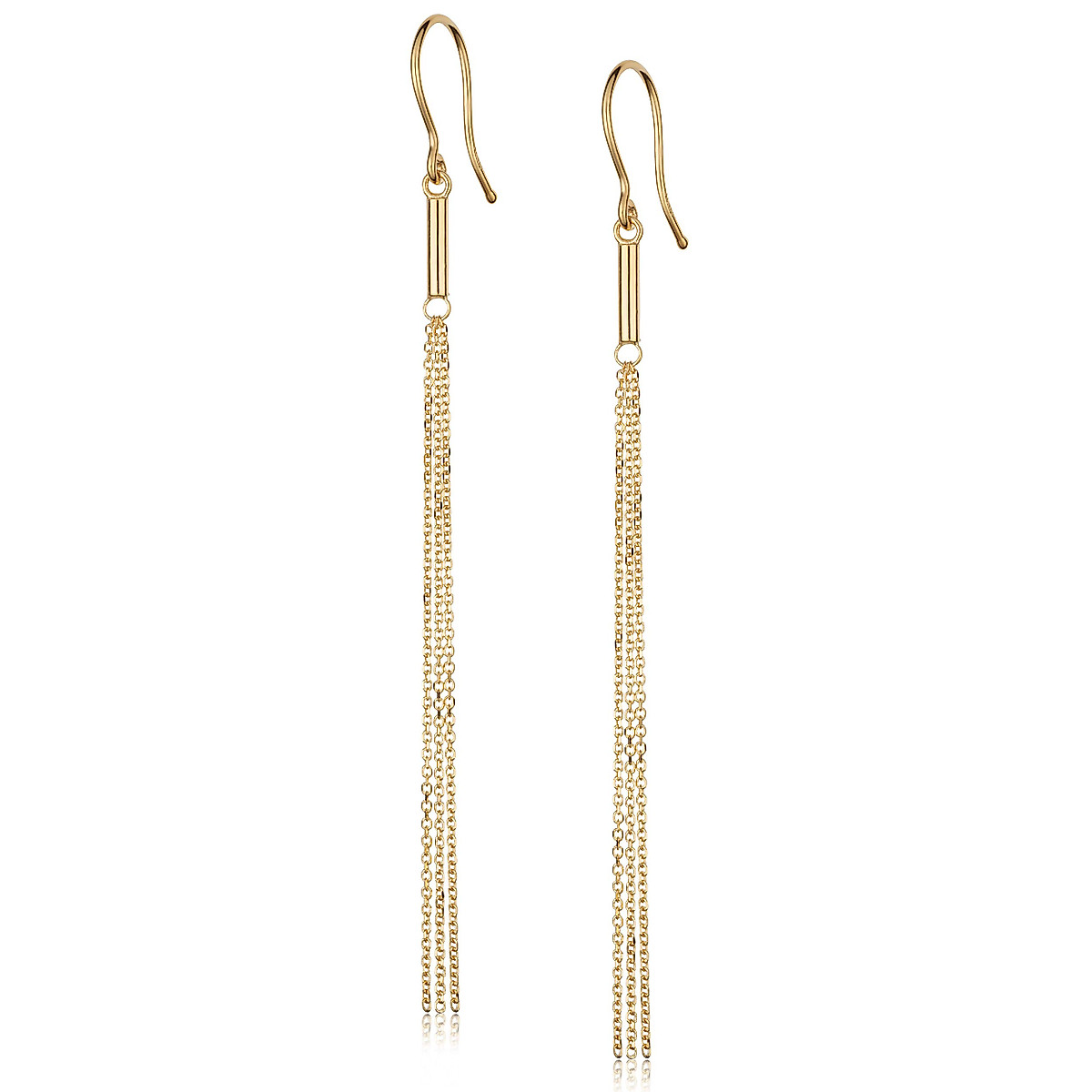 10k Yellow Gold Bar Tube Tassel Chain Dangle Hook Earrings (2.8 inches long)