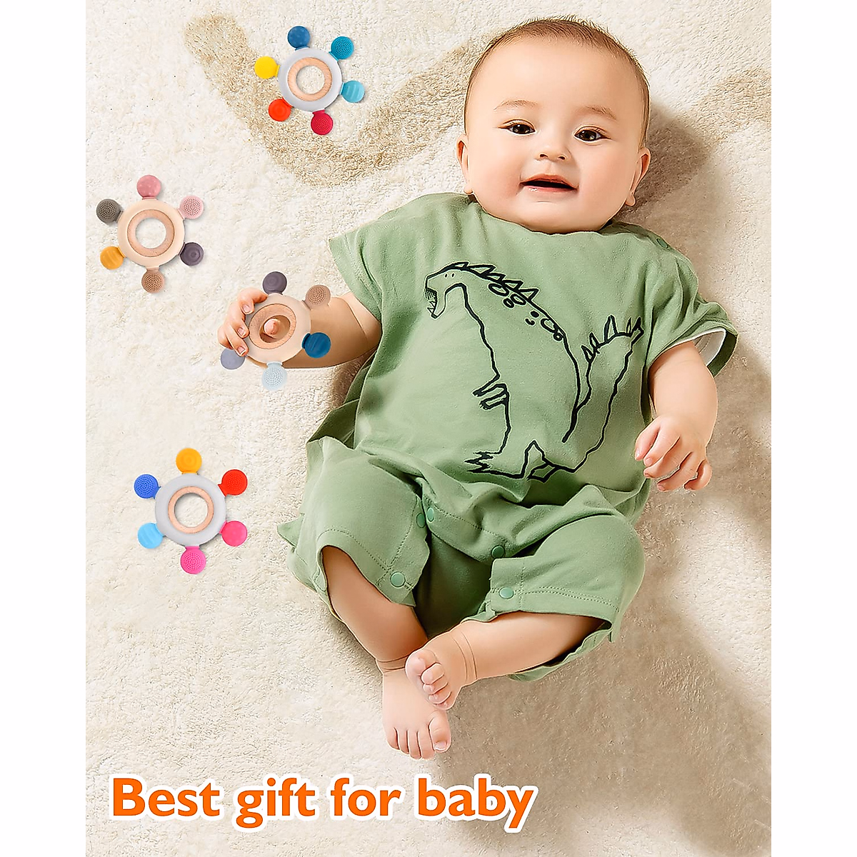 akolik Baby Teething Toys for Babies 0-6 6-12 Months Rudder Teether BPA Free with Wooden Ring Silicone Chewable Teether Help with Teething Pain Relief (Helm A)