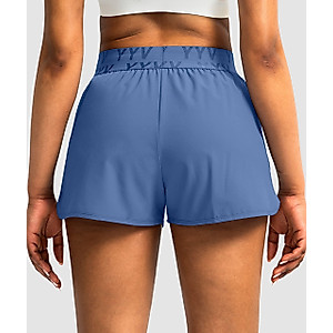 YYV Women's Running Shorts with Zipper Pockets Quick-Dry Elastic Waist Band Athletic Gym Shorts for Women with Liner(Blue S)