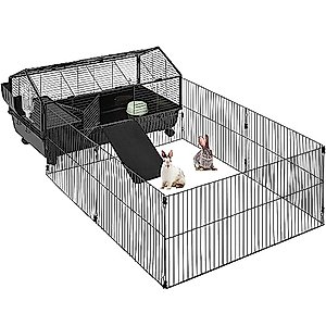 Yaheetech 39'' Rabbit Cage Rolling Small Animal Cage with Playpen/Ramps/Water Bottle/Hay Feeder/Bowl for Guinea Pigs, Chinchillas, Hedgehogs, Tortoises, Pet Cage for Rabbit Indoor, Black