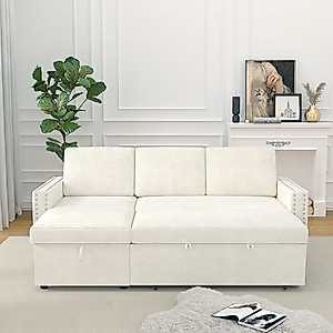 FANYE 85" W L-Shaped Reversible Sleeper Sectional Sofa Chenille Button Tufted Upholstered Corner Convertible Sofabed W/Pull Out Couch Bed and Storage Chaise, Nailhead Decor for Living Room