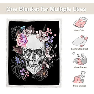 Sleepwish Sugar Skull Blanket Fleece Skull Throw Blanket Black Pink Skull Flower Rose Blanket for Women Girl Skull Fuzzy Sherpa Plush Blanket for Bed Couch Sofa Chair Office (50"x 60")