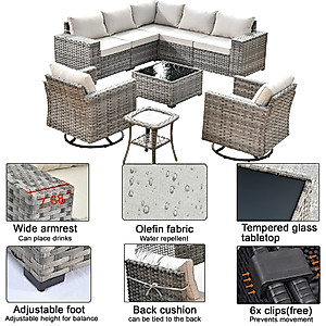 XIZZI Patio Furniture Sets Outdoor Sectional Sofa Swivel Rocking Chairs 9 PCS All Weather PE Wicker Conversation Couch and Matching Side Table,Beige