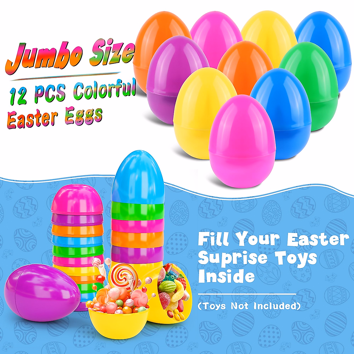 12 PCS Jumbo Easter Eggs 6 Inch Colorful Giant Plastic Easter Eggs Fillable Large Suprise Egg for Easter Themed Hunt Basket Stuffers Fillers Filling Treats Party Favors Classroom Prize Supplies