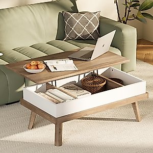 Meilocar Wood Coffee Table, Lift Top Coffee Table with Hidden Compartment, Coffee Table for Living Room Reception Room, 39.4in L, Ivory