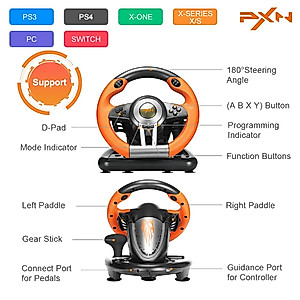 PXN PC Racing Wheel, V3II 180 Degree Universal USB Car Sim Game Steering Wheel with Pedals for Xbox One, Xbox Series S/X, PS3, PS4, Switch