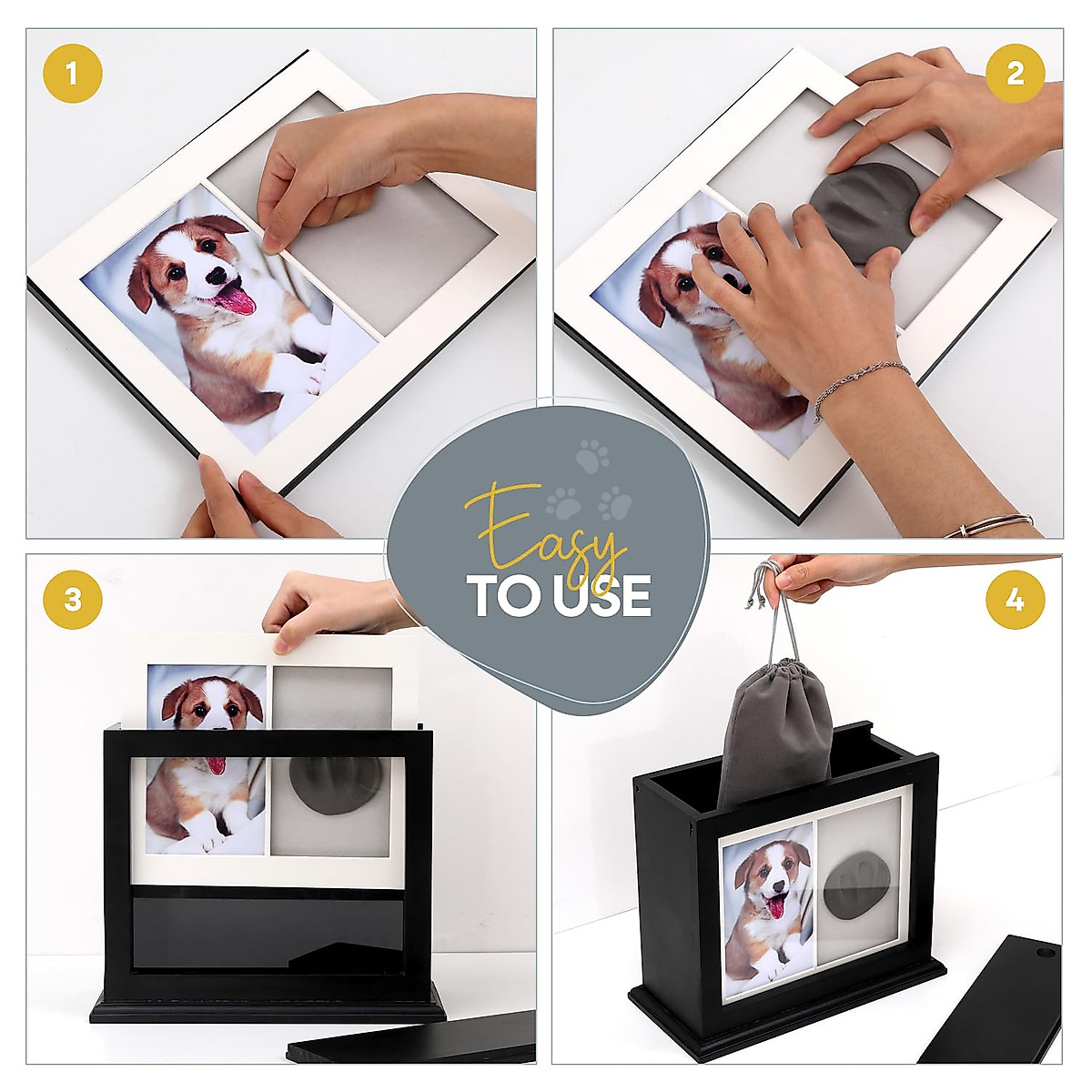 NIMBIO Dog Urns for Ashes, Pet Urn, Cat Pet Urn with Photo Frame and Paw Print Kit Sturdy Space 11.6 x 5.9 x 9.8 in | Premium Pine Wood Pet Urns | Two Bags for Ashes + Plaque for ID