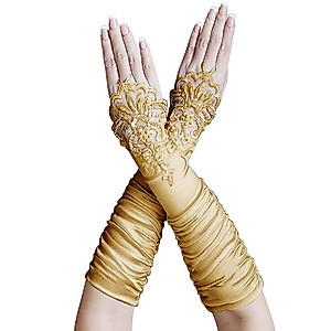 Grace Fingerless Long Gathered and Beaded Gloves, Gold