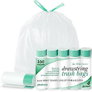 Bay Ridge Laguna 4 Gallon/100pcs Small Trash Bags - Drawstring Small Garbage Bags - Kitchen Trash Bags - Bathroom Trash Bags - Plastic Trash Bags with Handles - Waste Basket Liner - 19x19” (White)