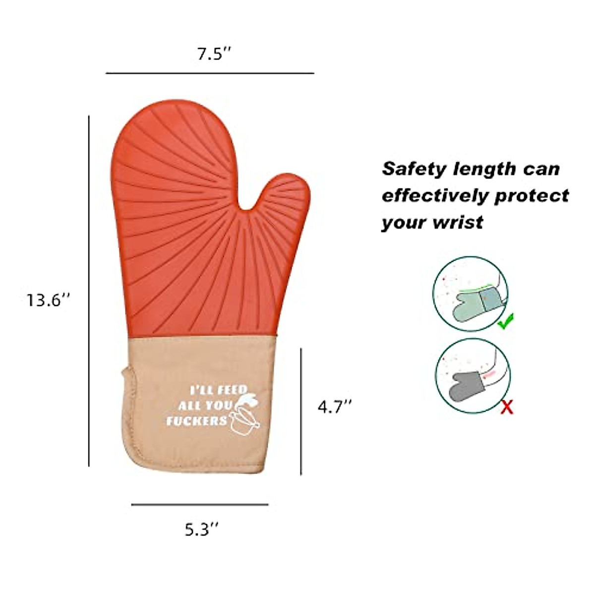 Silicone Oven Mitts with Quilted Liner and Non-Slip Grip, Extra Long Oven Mitts Heat Resistant, Kitchen Mitts Perfect for BBQ, Baking, Cooking and Grilling - 1 Pair 13.6 Inch Orange