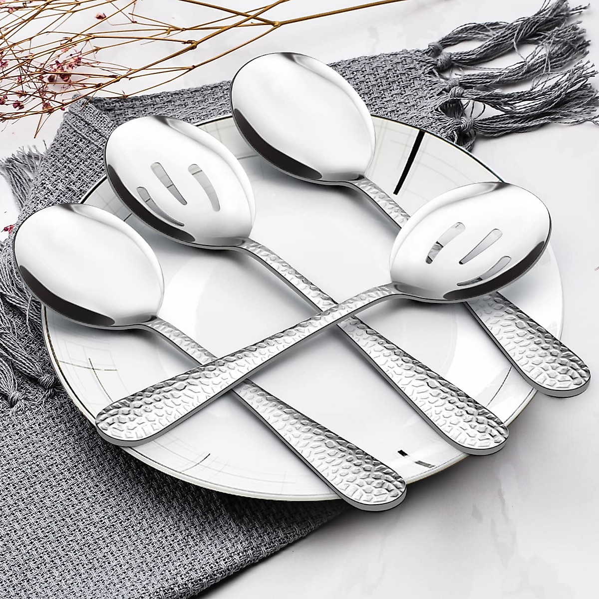 Hammered Serving Spoons, E-far 8-Piece Metal Serving Utensils Set - Solid Spoons x 4, Slotted Spoons x 4, Stainless Steel Hostess Serving Tablespoons Set for Catering Buffet Party Kitchen Restaurant