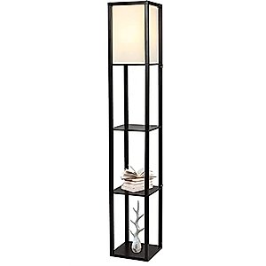 Battery Operated Floor Light with Remote Control,Wood Black Tall lamp with Shelves,Standing Light with Energy-Saving Light Bulb,Floor Light with Fabric lampshade,with Bulb+Remote+Charging Cable