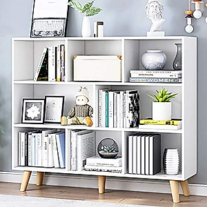 IOTXY Wooden Open Shelf Bookcase - 3-Tier Floor Standing Display Cabinet Rack with Legs, 8 Cubes Bookshelf, Warm White