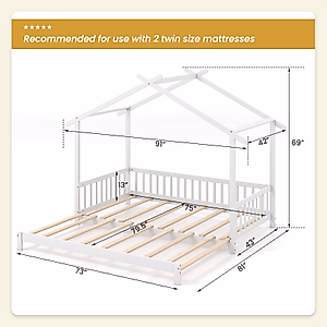 Giantex Wood House Bed for Kids, Twin to King Extendable Daybed with Roof & Fence Rails, Kids Bed for Teens, Boys & Girls, Twin Floor Day Bed, No Box Spring Needed, White